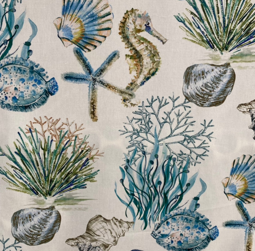 Aquatic Life sea life fabric vilber Spain aqua coral sea shell seahorse ...